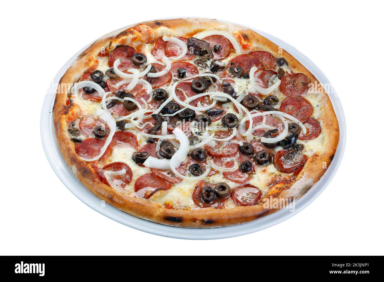 Pizza with olives, pepperoni and onion Stock Photo - Alamy