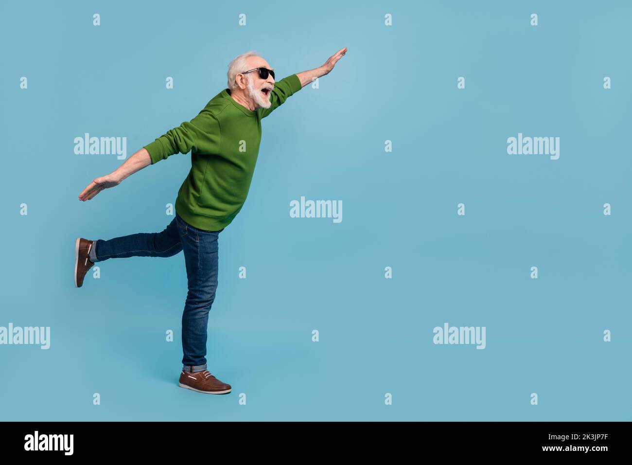 Full body profile photo of cheerful excited person arms flight empty ...