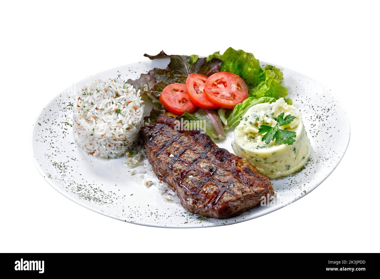 Beef steak with potatoes and rice in isolated white background Stock ...