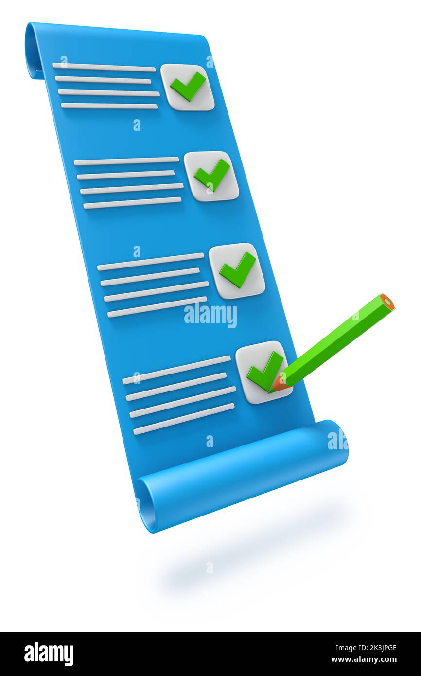 Checklist on clipboard paper with green checkmarks. 3D render Stock ...