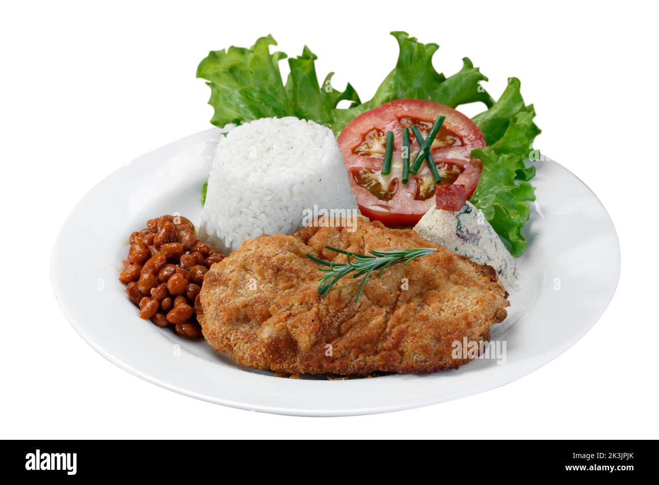 The steak parmigiana with beans and rice Stock Photo - Alamy