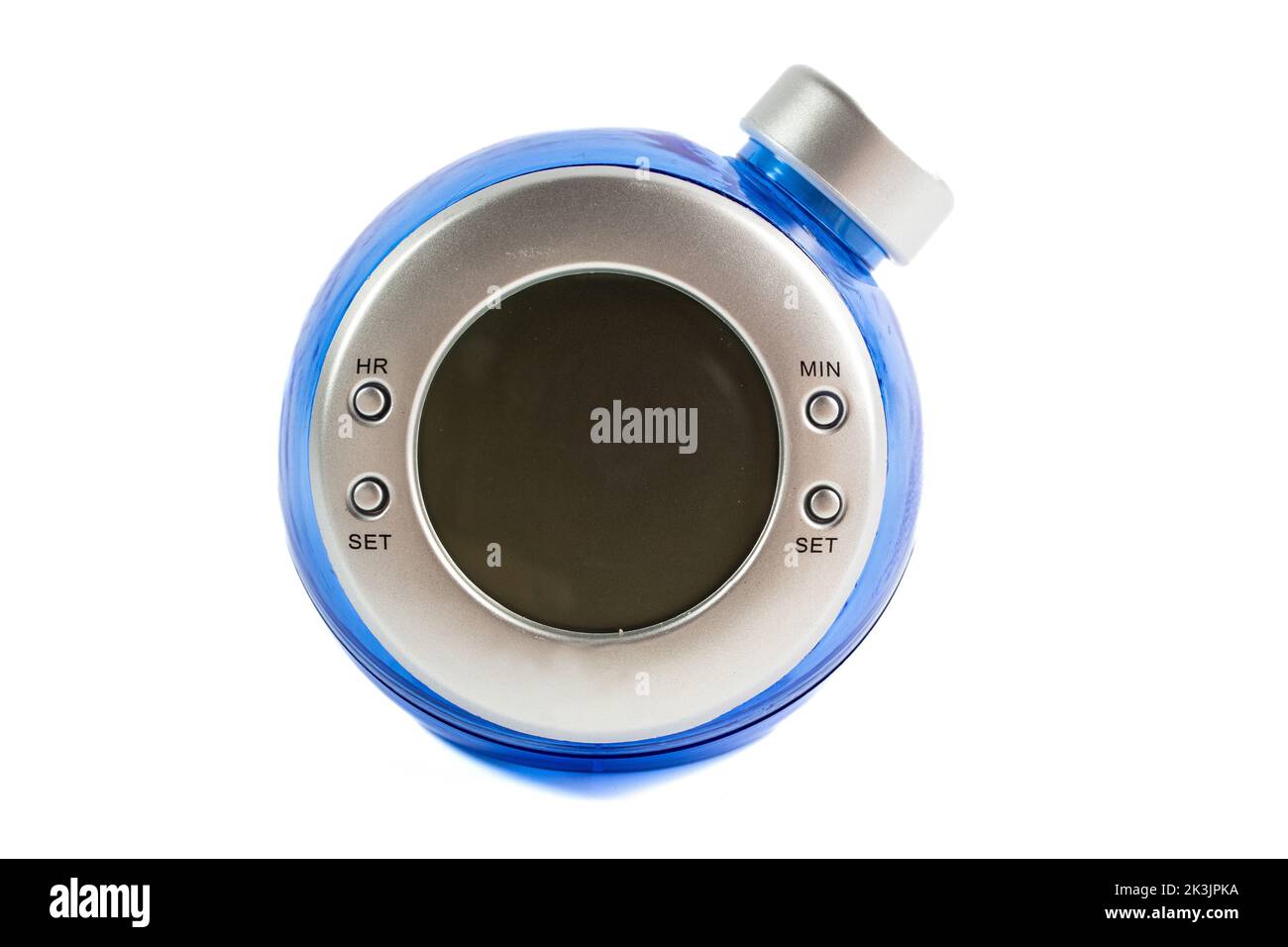 A blue water-powered clock isolated on a white background Stock Photo ...