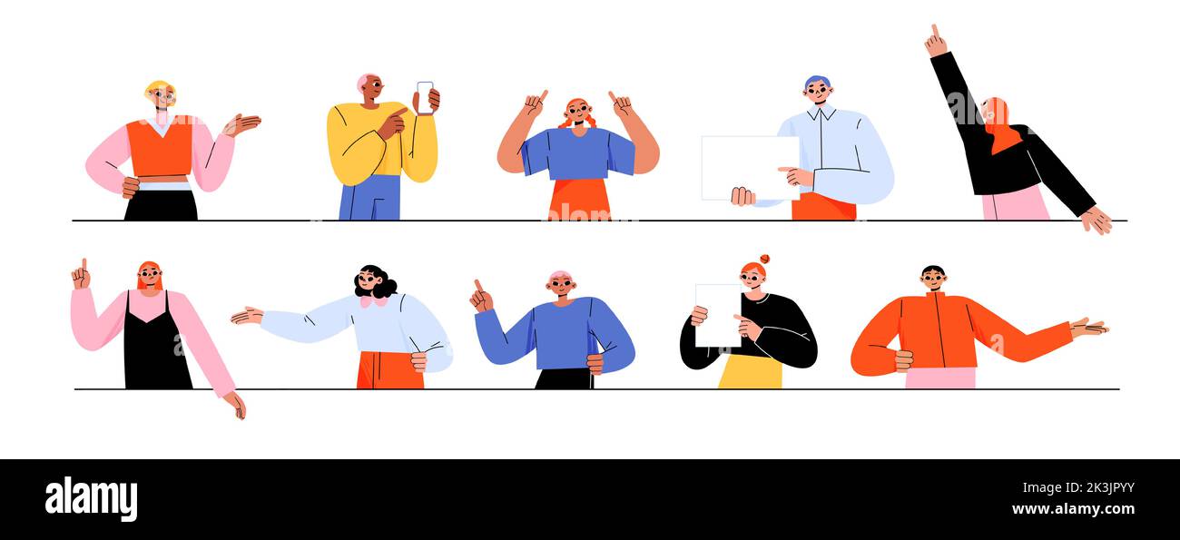 People pointing with finger and hand, hold blank banners. Diverse ...