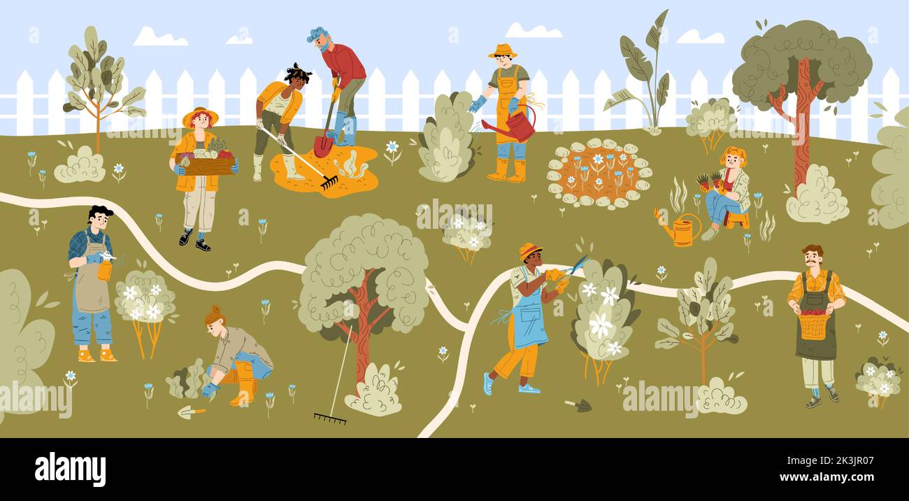 Characters working in garden. Gardening hobby, farm works concept with ...