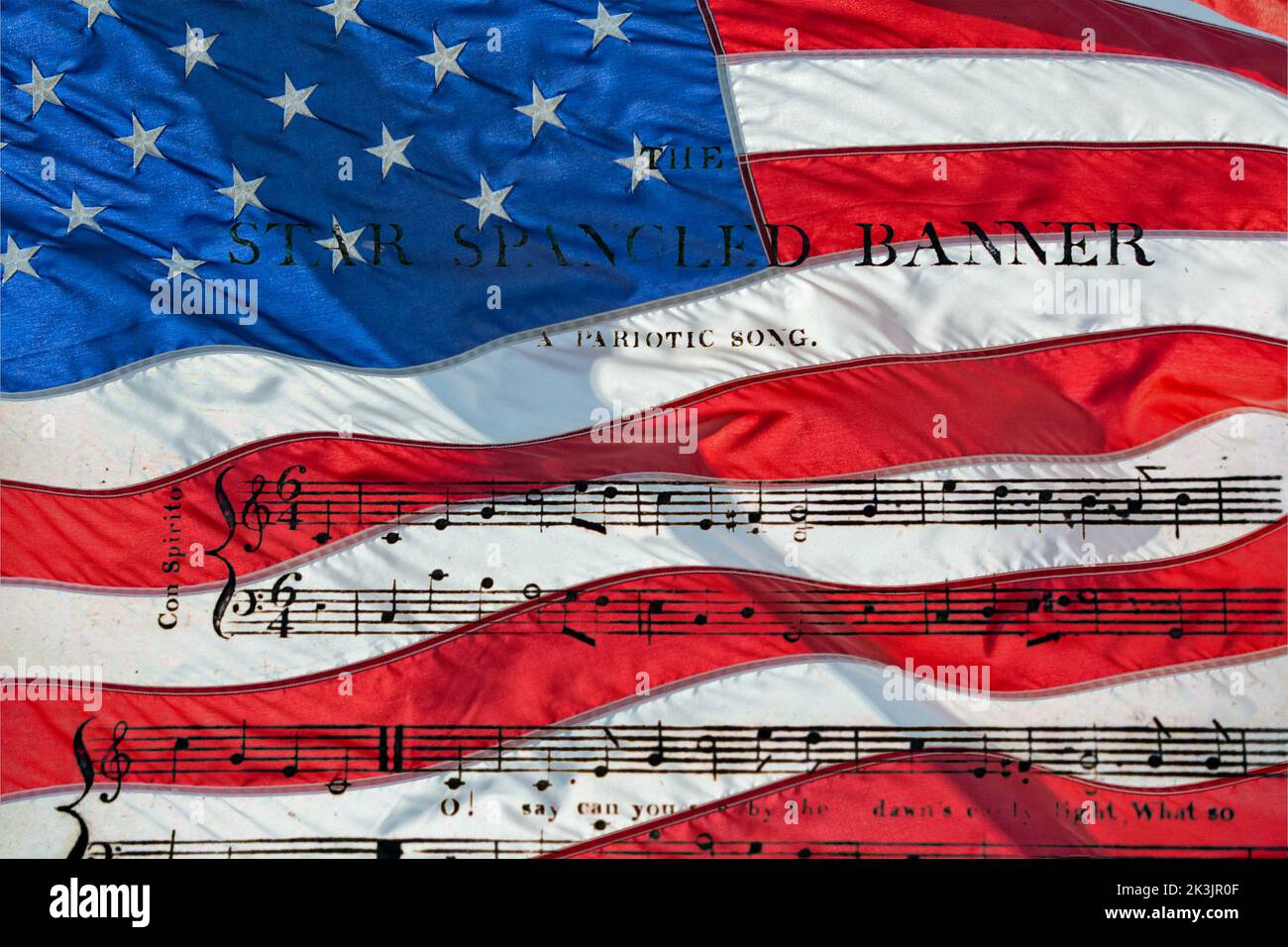a star spangled banner music sheet on usa stars and stripes flag Stock ...