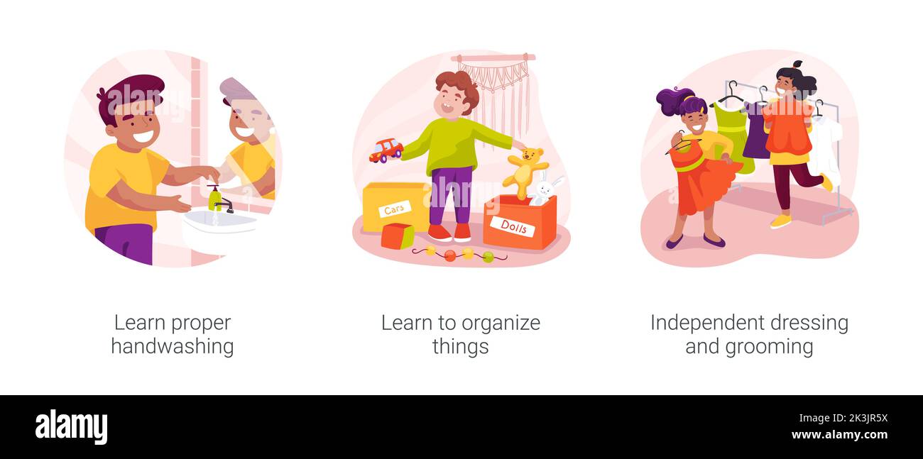 Self-care and personal hygiene skills for kids isolated cartoon vector ...