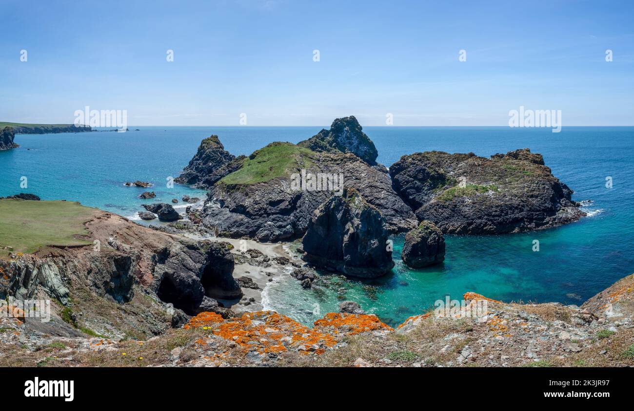 panorama from the clifftop of kynance cove on the lizard peninsula ...