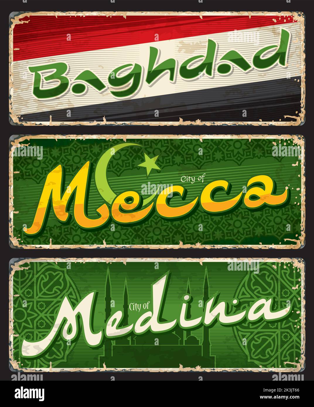 Baghdad, Mecca, Medina city travel stickers and plates, vector tourism ...