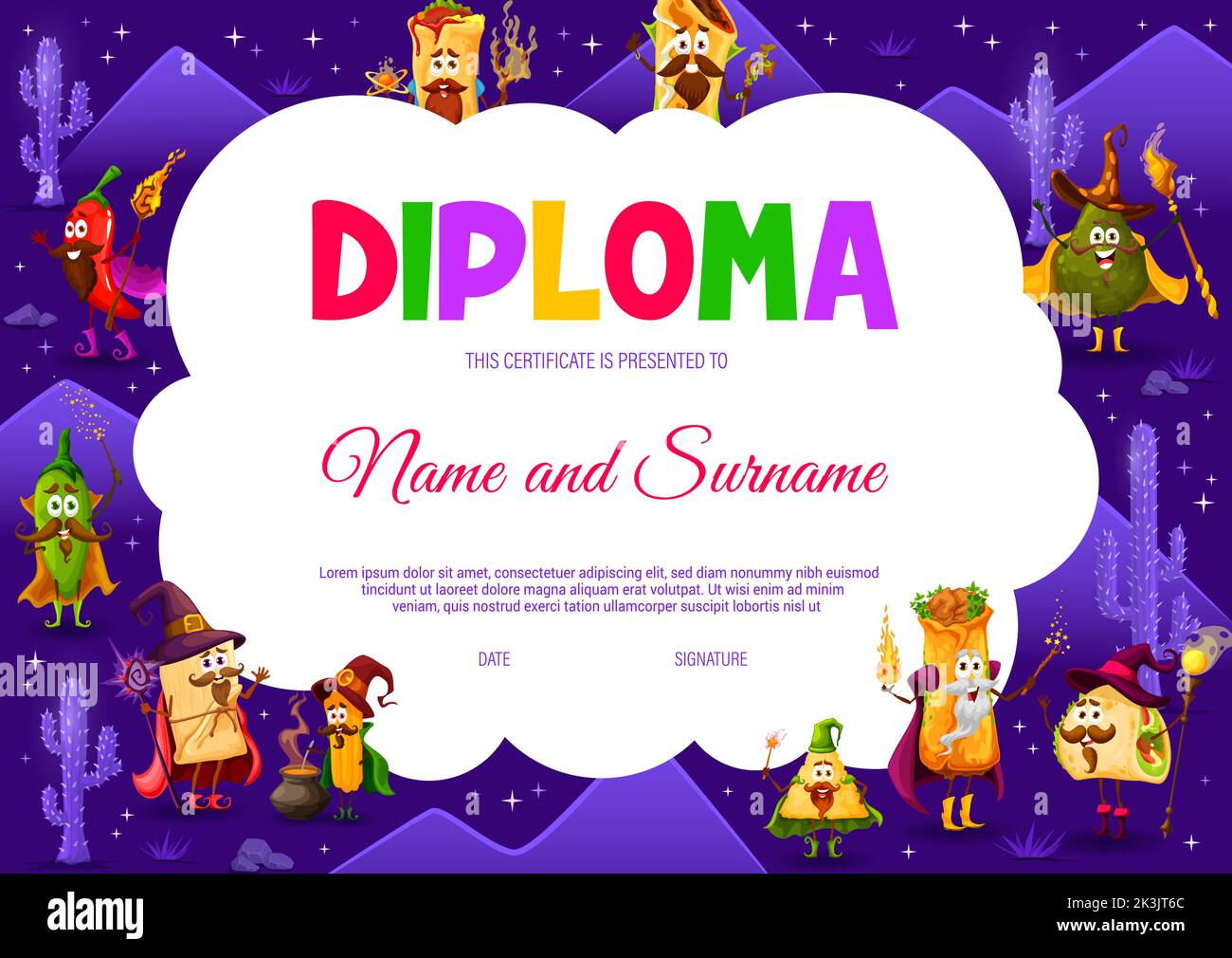 Kids mage diploma, cartoon Tex Mex Mexican food wizards characters ...