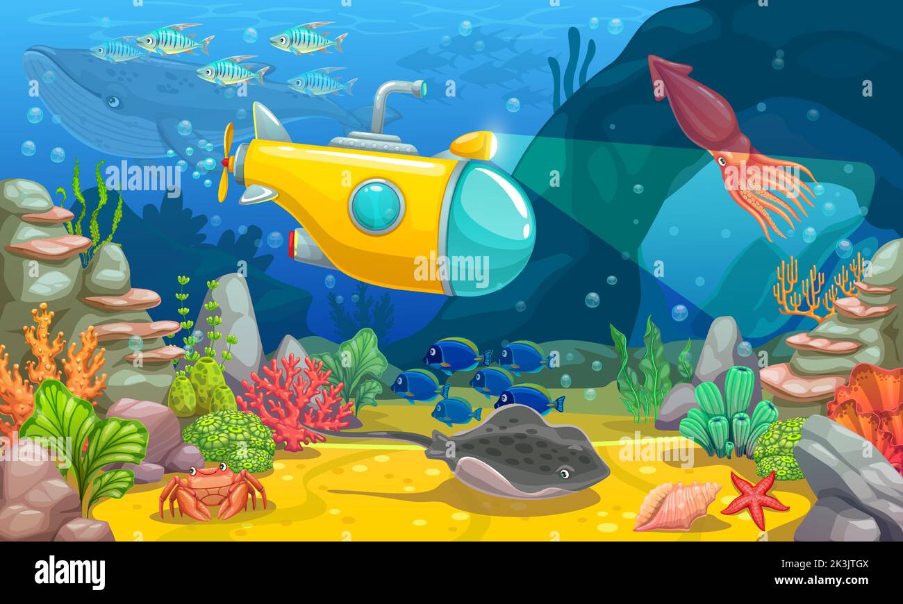 Underwater game landscape with submarine. Cartoon vector sea bottom ...