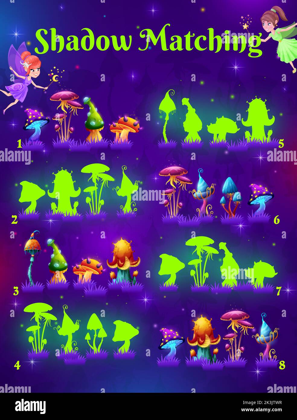 Shadow matching game, cartoon magic mushrooms on meadow. Find correct ...