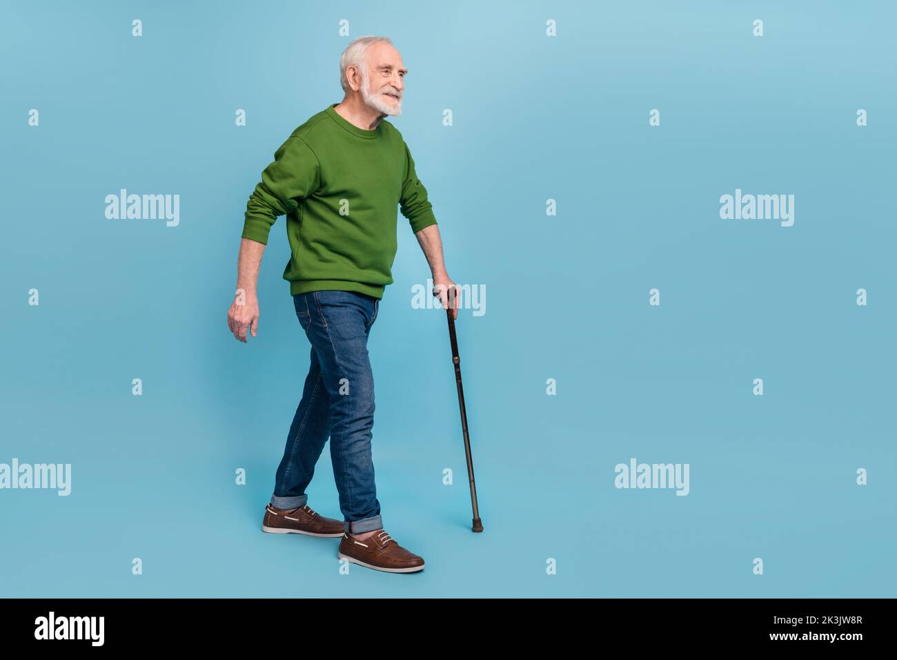 Full length photo of peaceful calm aged person walk stick look empty ...