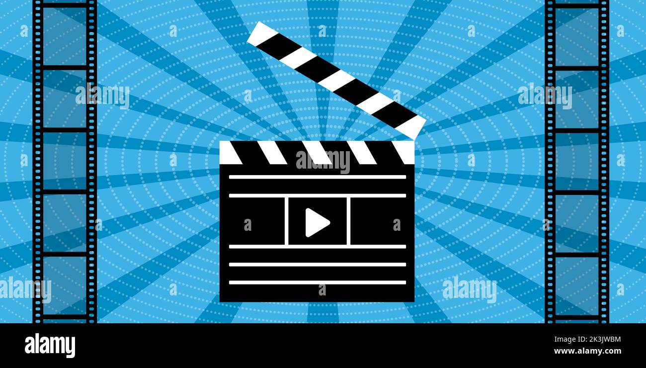 Image of Clapperboard with start button. Cinema screen and film strip ...