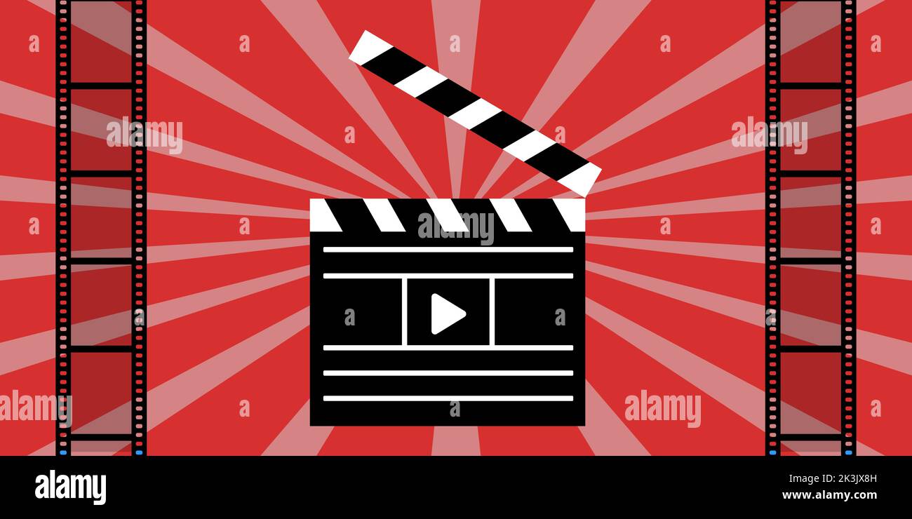 Image of Clapperboard with start button. Cinema screen and film strip ...
