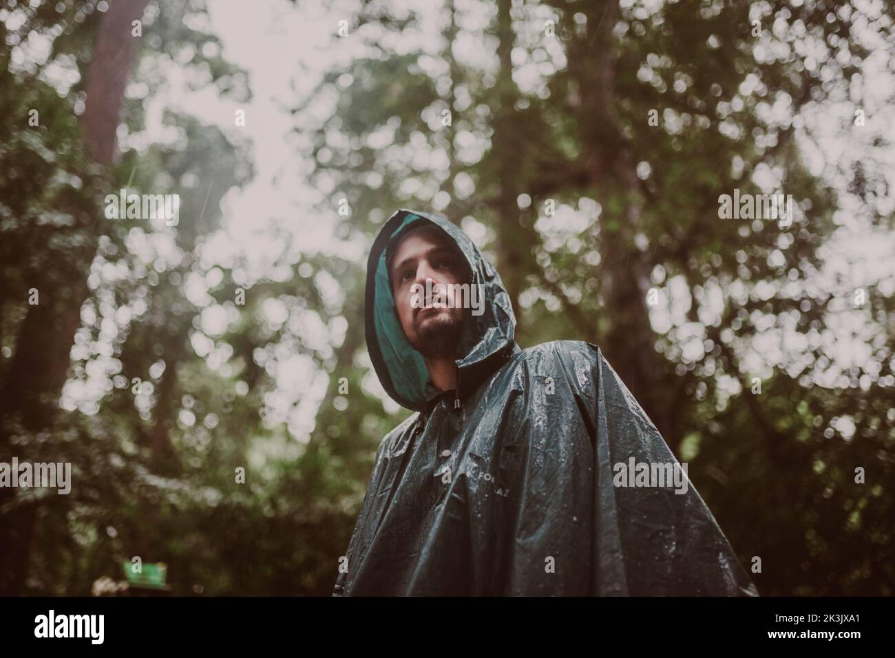 Man wearing a raincoat in a rainforest Stock Photo - Alamy