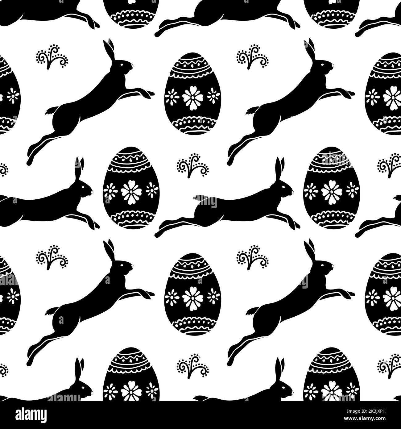 Seamless hand-drawn pattern of a running bunny and an Easter egg ...