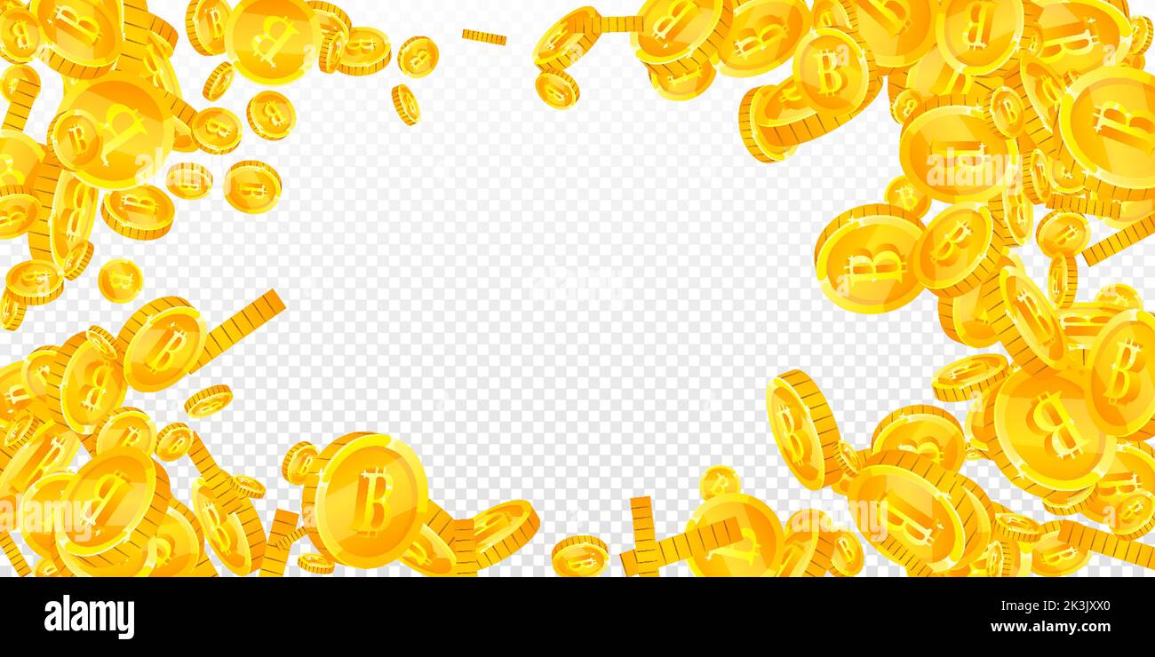 Bitcoin coins falling. Cryptocurrency scattered gold BTC coins ...