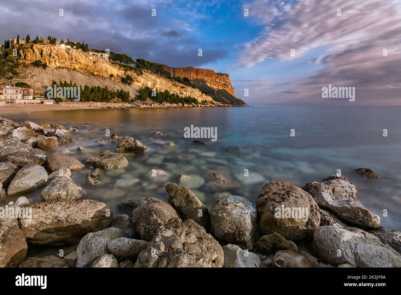 Scenic view of rocky Cap Canaille from the old fishing port of Cassis ...
