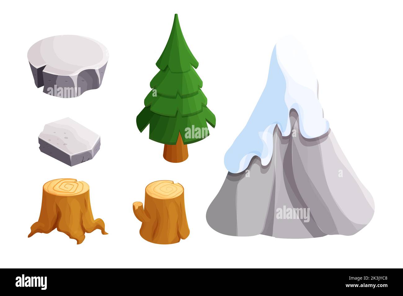 Set Stump of tree, stones, mountain, tree drawing in cartoon style ...