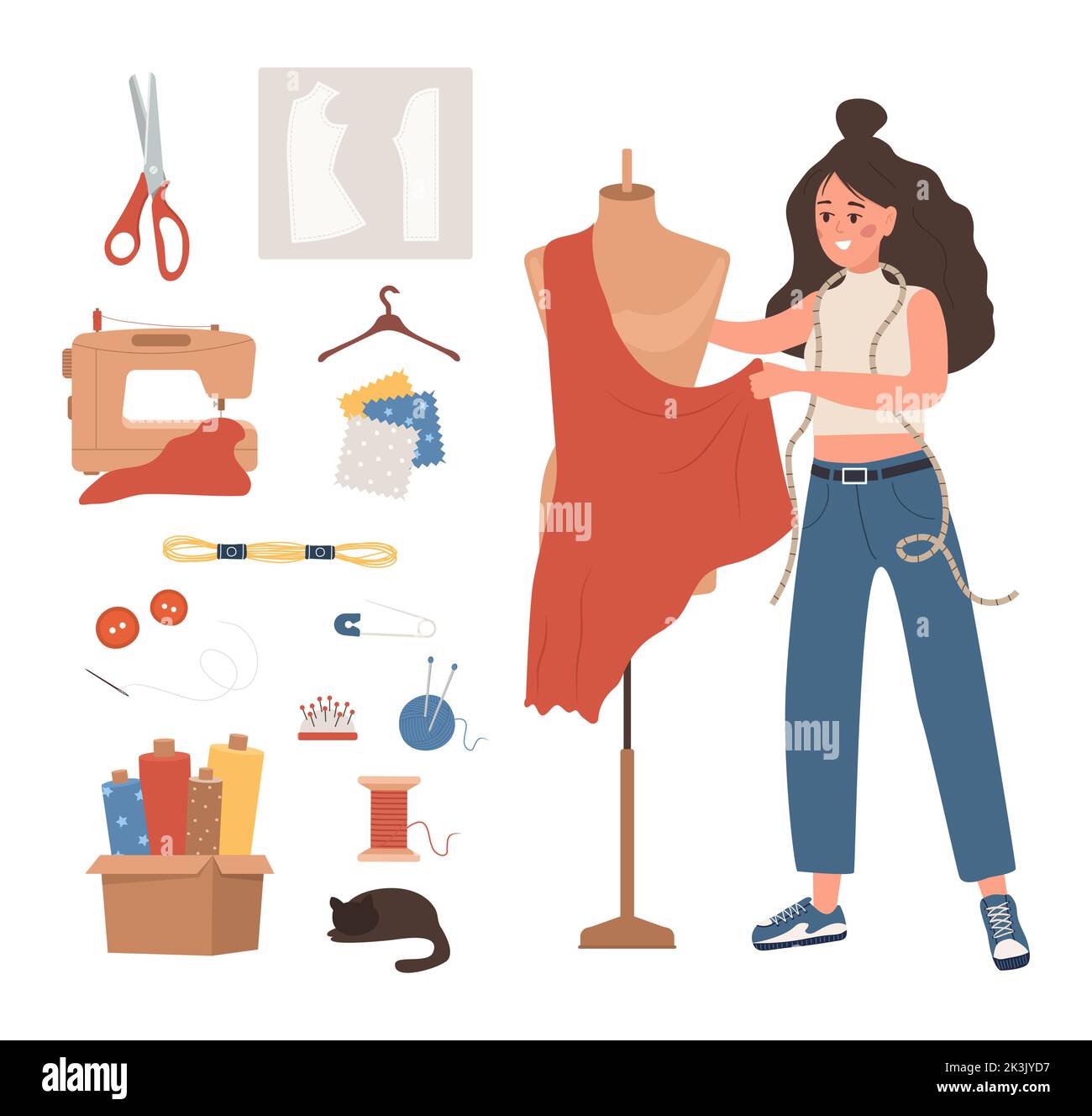 Sewing Icons Collection Woman Seamstress At Mannequin Takes