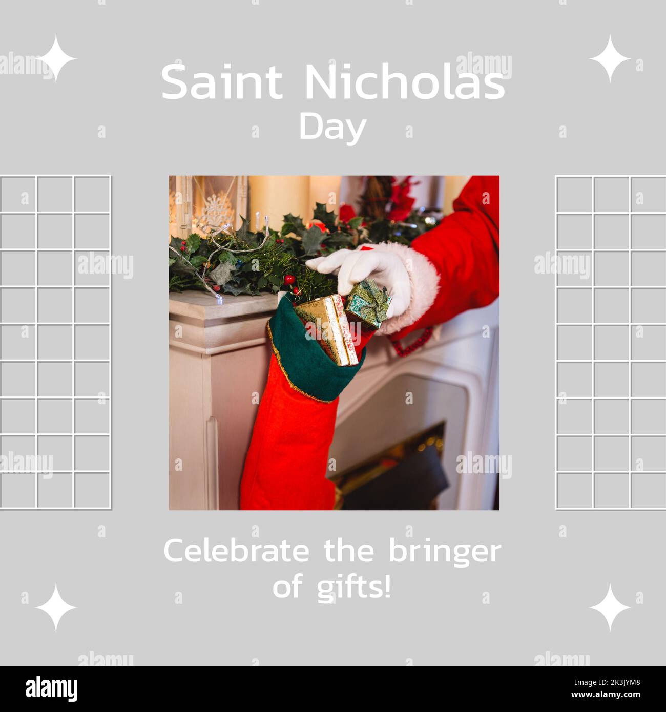 Hand of caucasian man wearing santa glove placing gifts in socks and ...