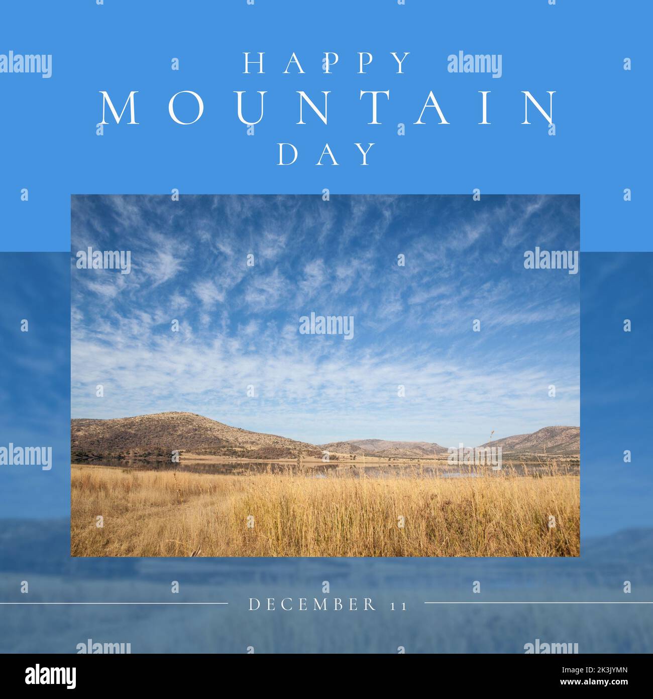 Composition of happy mountain day text over landscape with mountains ...