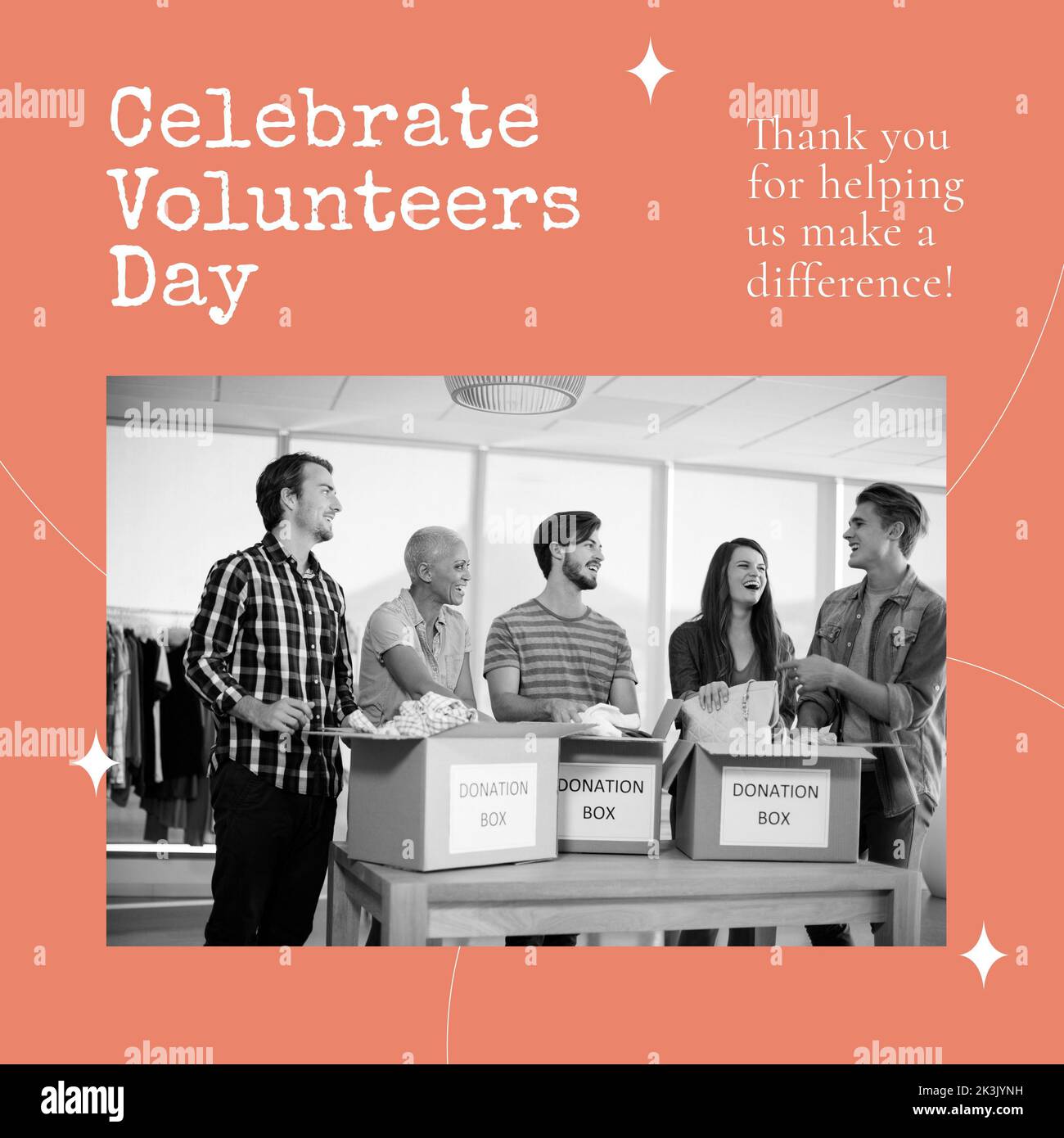 Composition of volunteer day text, black and white photo of diverse ...