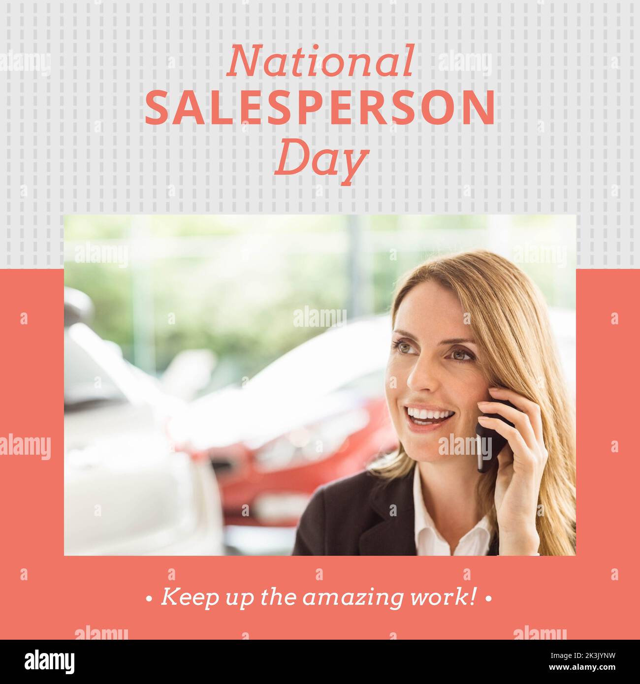 Image of national salesperson day over smiling caucasian female seller ...