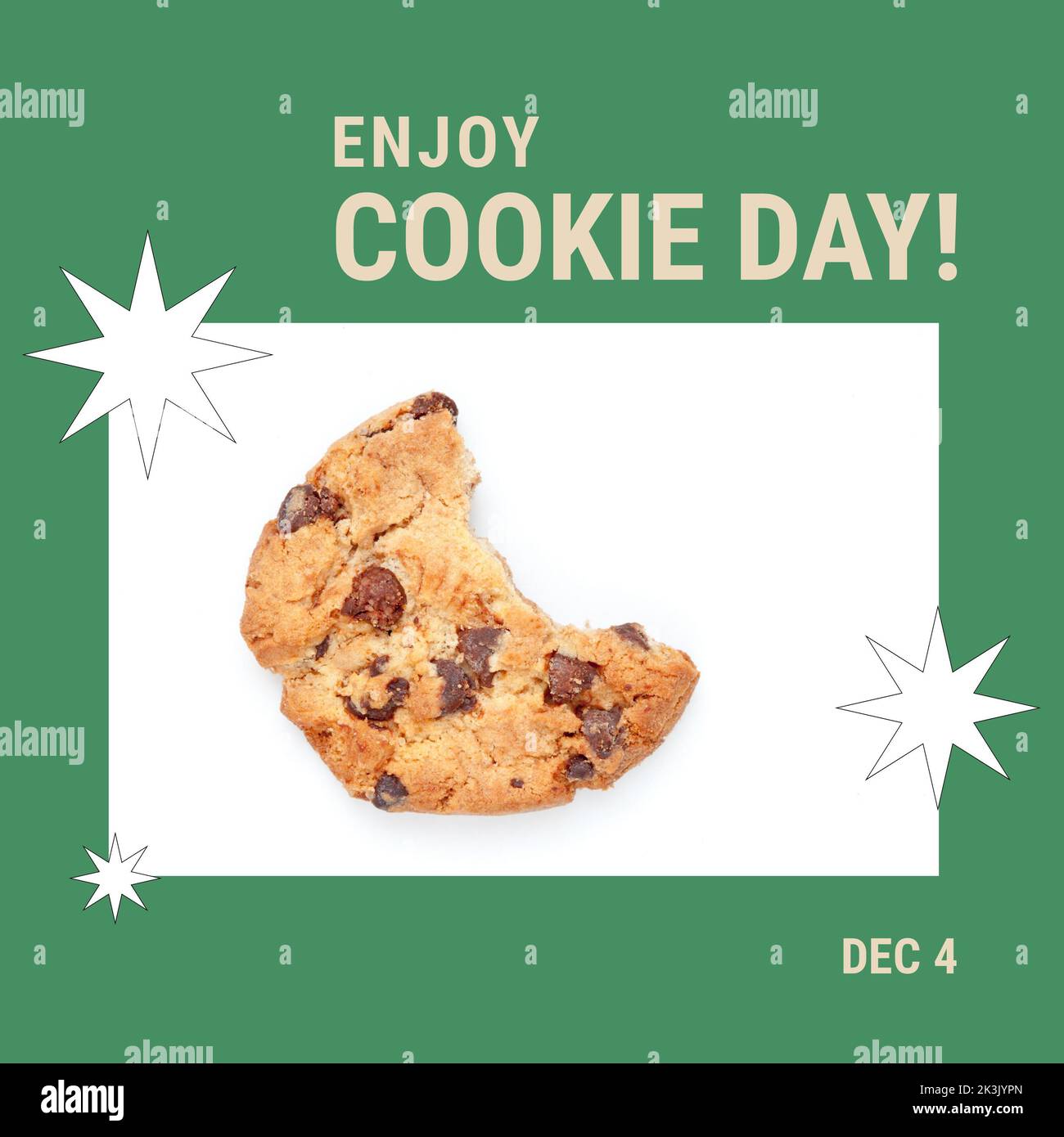 Composition of enjoy cookie day text over cookie on green background ...