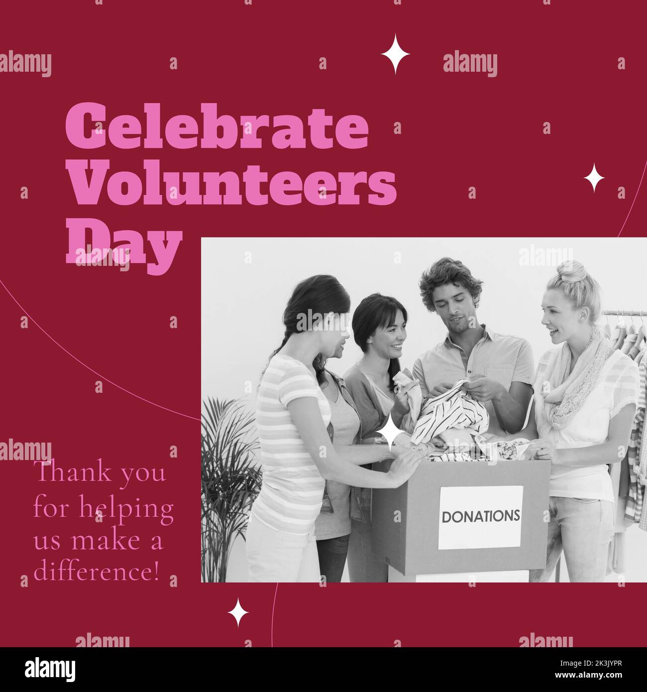 Composition of volunteer day text and black and white photo of diverse ...