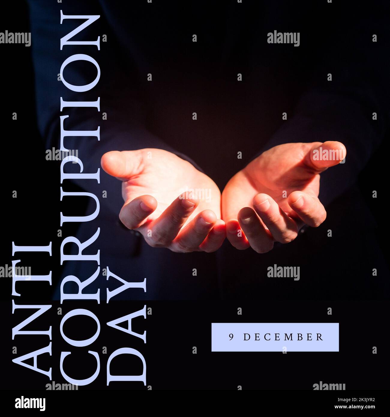 Composition of anti-corruption day text over hands on black background ...