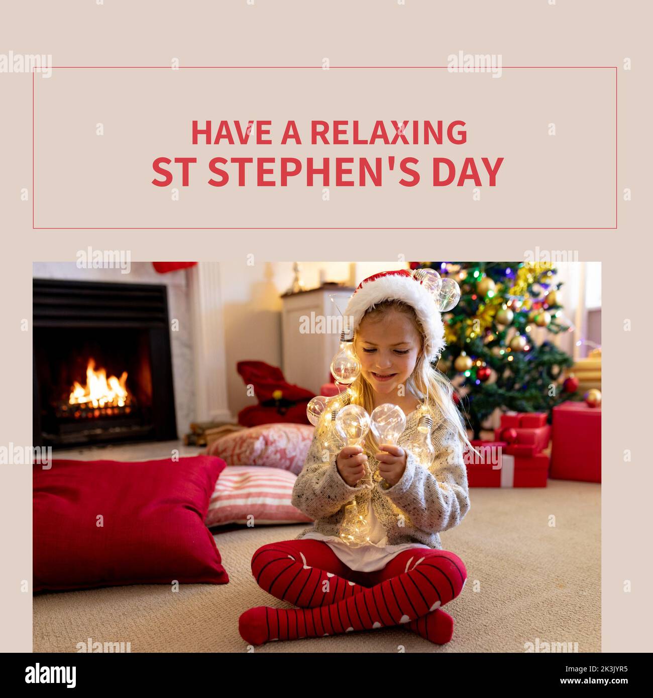 Composition of st stephen's day text and caucasian girl at christmas by ...
