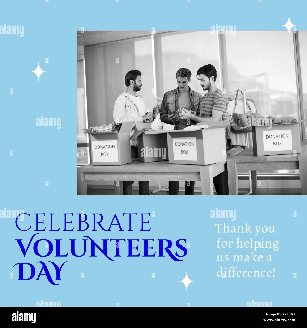 Composition of volunteer day text, black and white photo of diverse ...