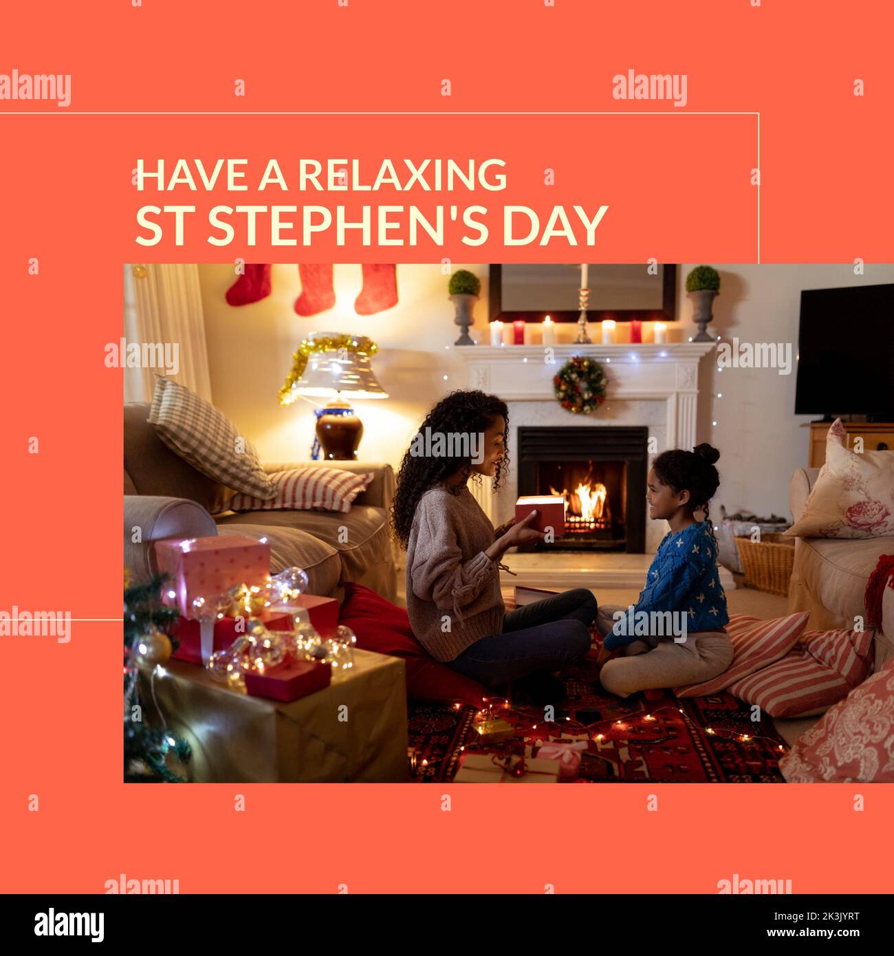 Composition of st stephen's day text and biracial mother and daughter ...