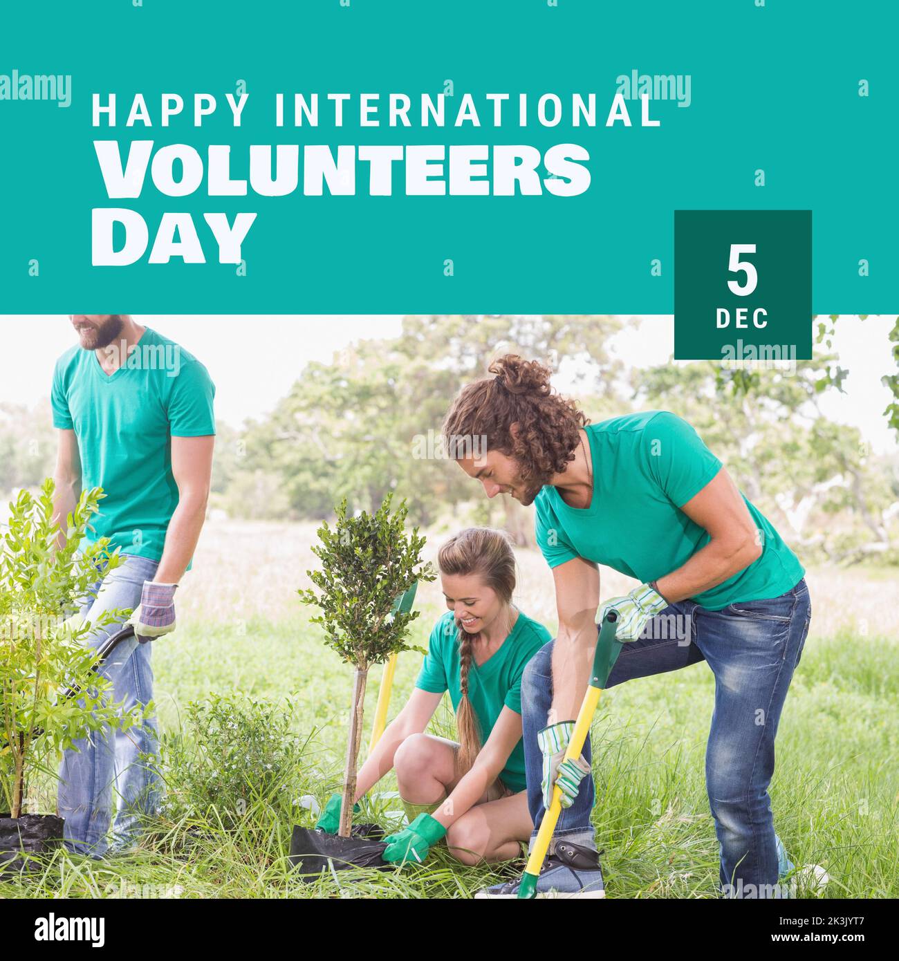Composition of international volunteer day text and diverse group of ...