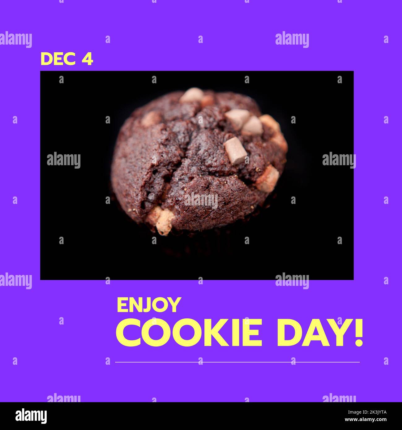 Composition of enjoy cookie day text over cookie on purple background ...