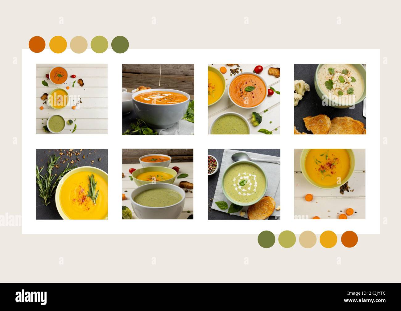 Composition of bowls with soup over blue background Stock Photo - Alamy