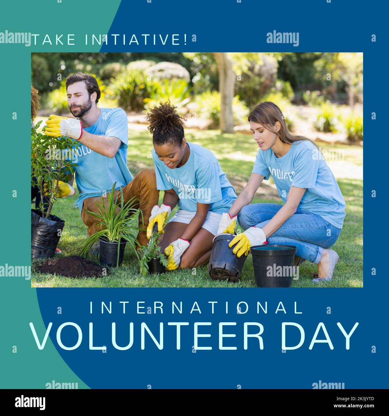 Composition of international volunteer day text and diverse group of volunteers planting plants ...