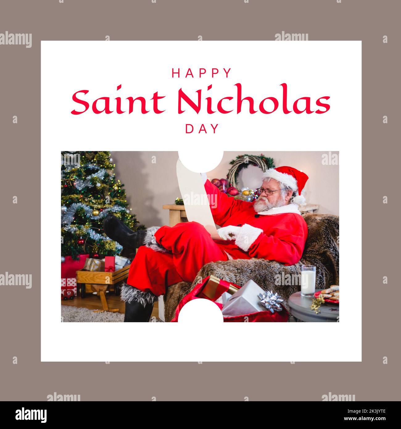 Composition of saint nicholas day text over santa claus reading scroll ...