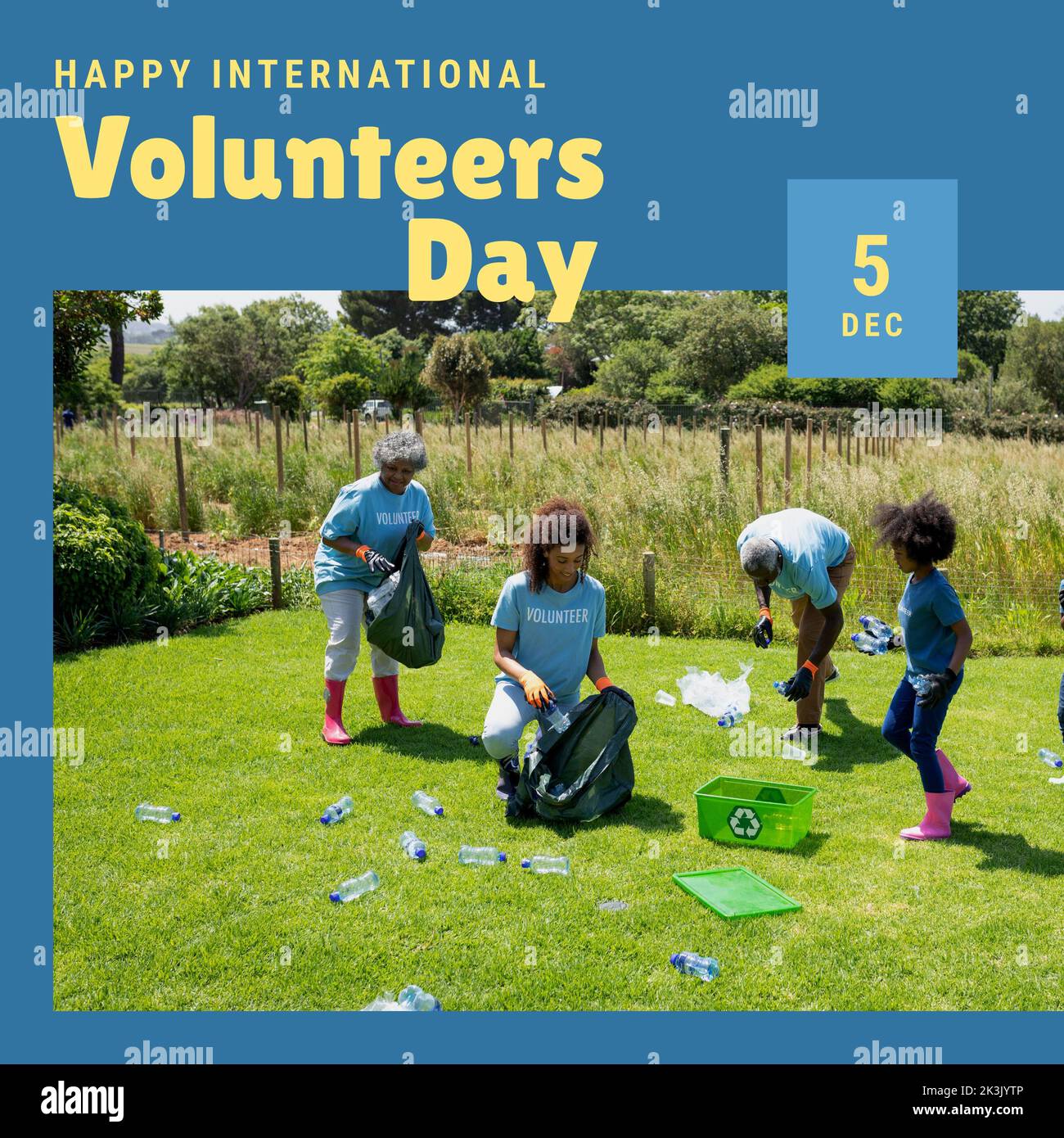 Composition of international volunteer day text and diverse group of ...