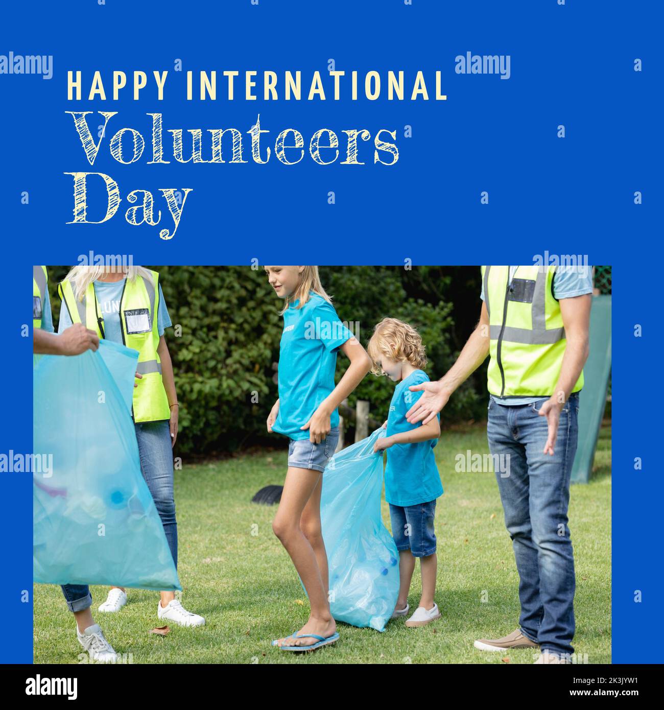 Composition of international volunteer day text and diverse group of ...
