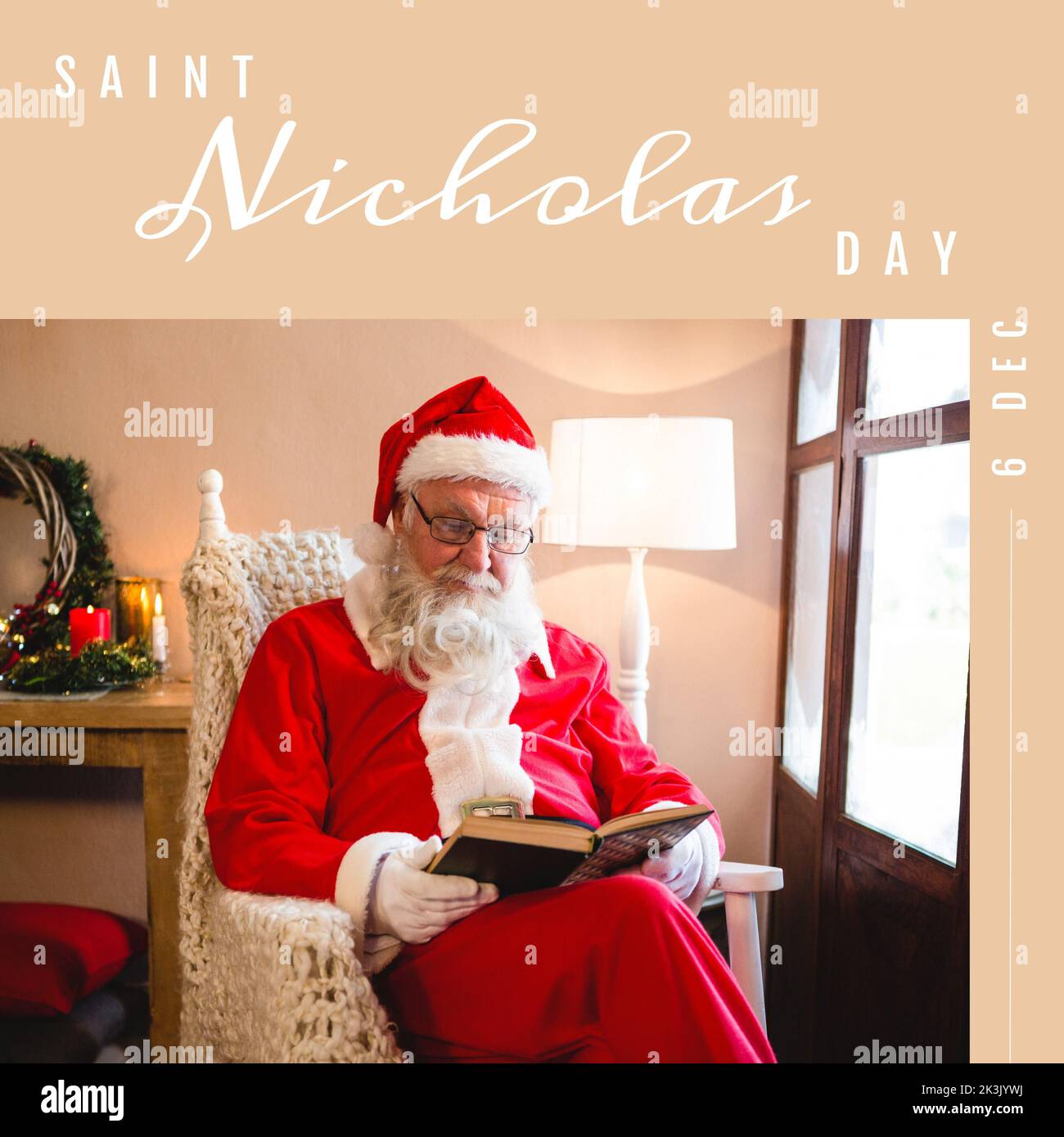 Composition of saint nicholas day text over santa claus reading book ...