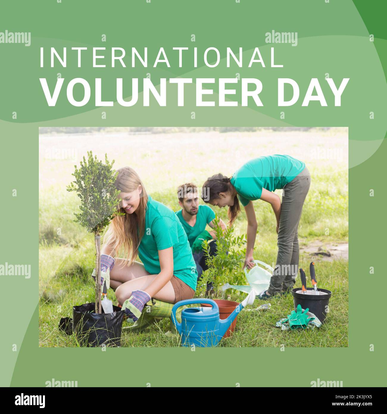 Composition of international volunteer day text and diverse group of volunteers planting trees ...