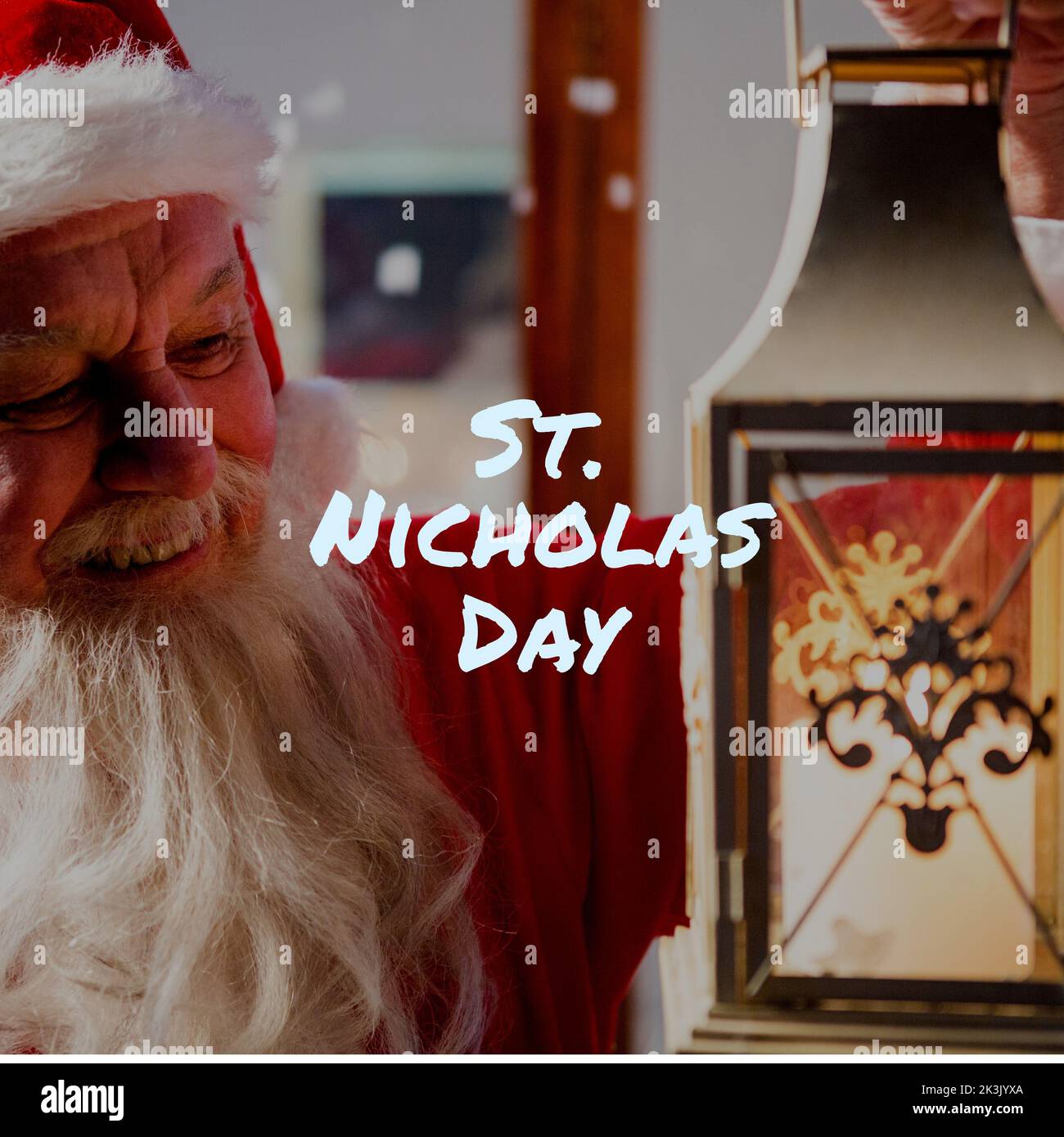 Composition of st nicholas day text over santa claus holding christmas lantern Stock Photo - Alamy