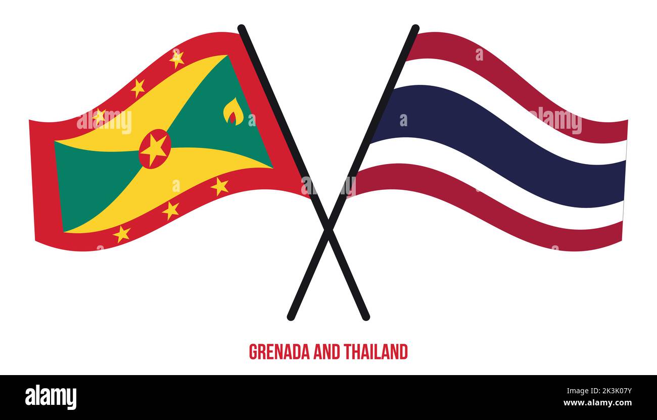 Grenada And Thailand Flags Crossed And Waving Flat Style Official