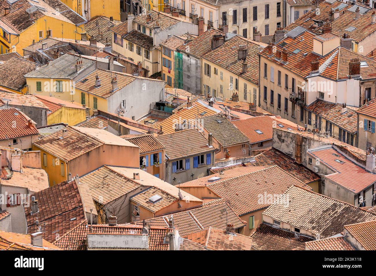 Aerial view of buildings in Mediterranean old city in south of France ...