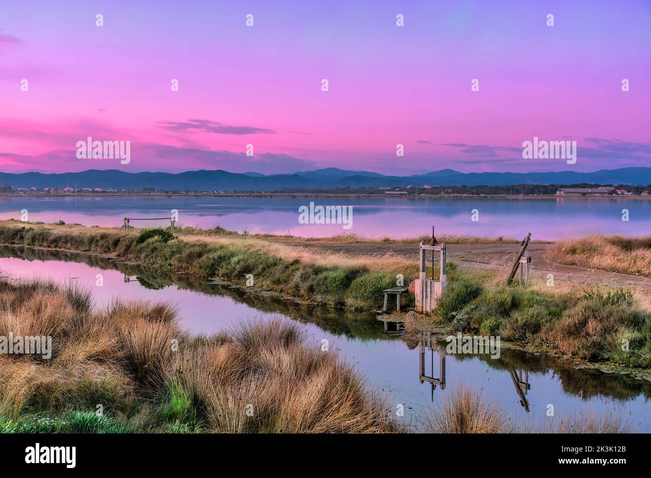 Scenic view of Les Salins-d'Hyères in Giens peninsula during purple ...