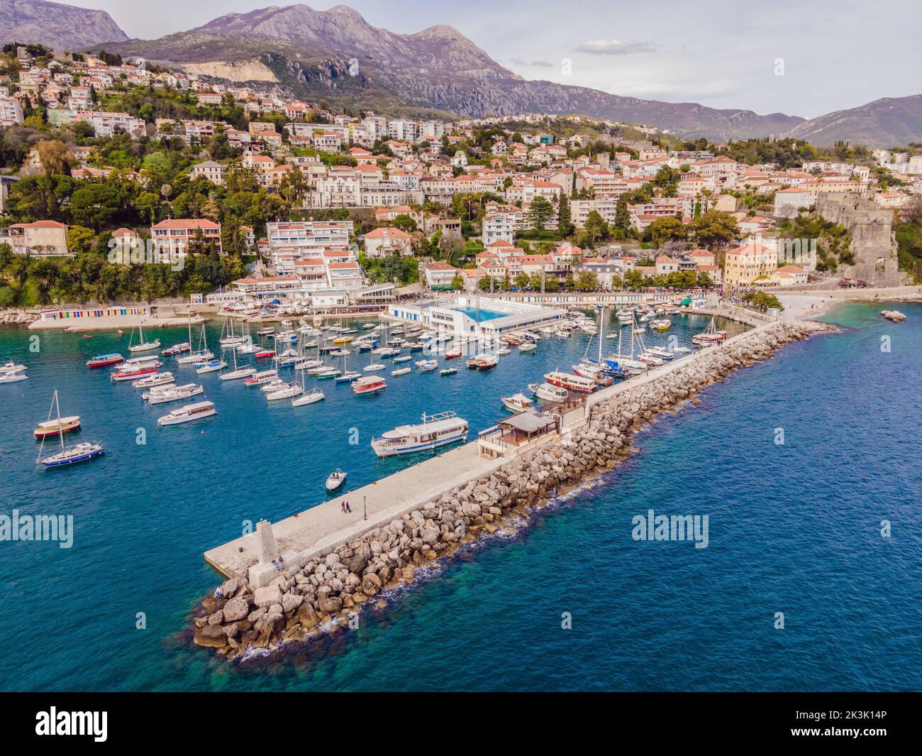 Aerial view of Herceg Novi town, marina and Venetian Forte Mare, Boka ...
