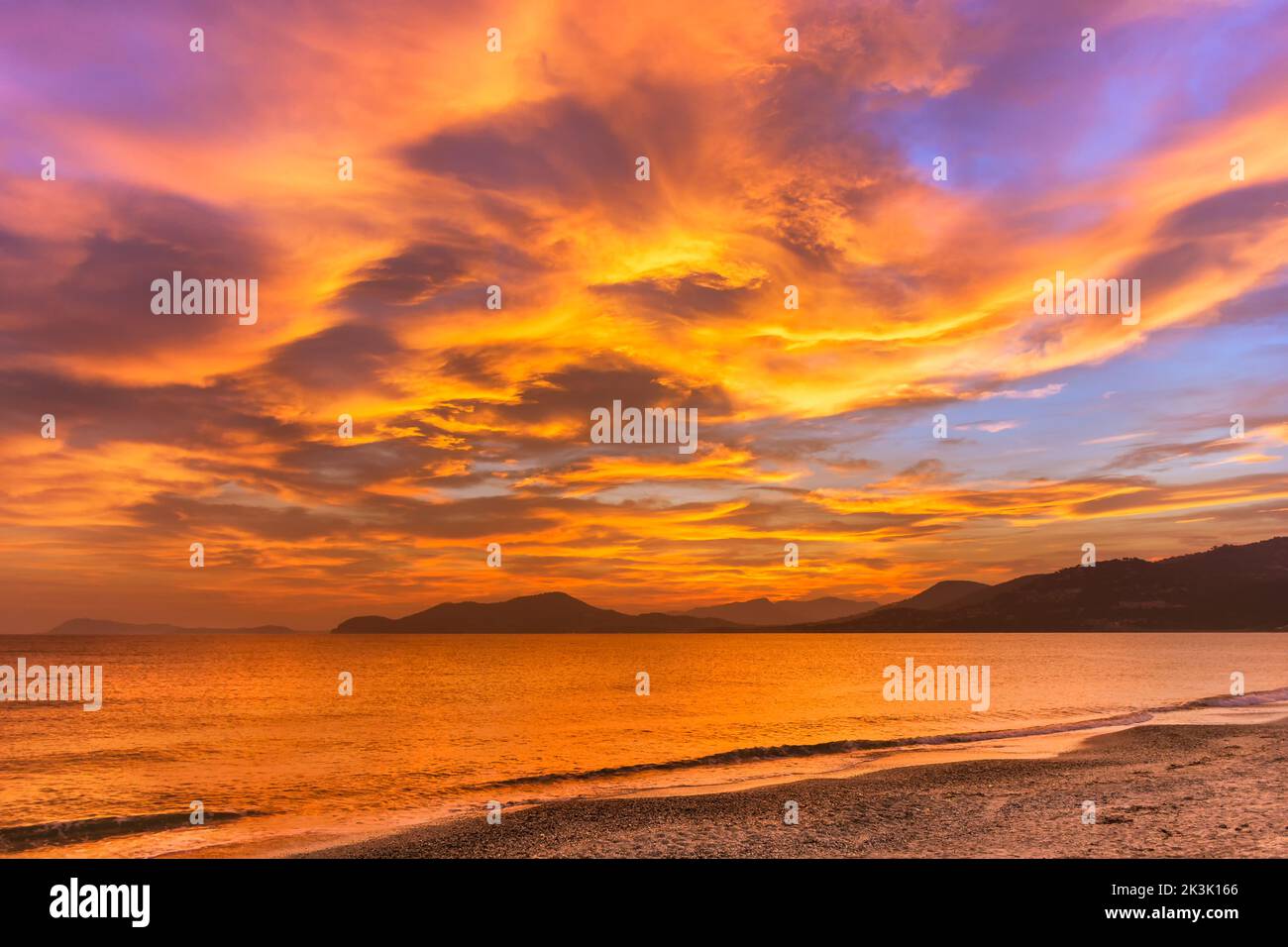 Scenic view of sunset on one of the most beautiful beach in Cote d'Azur ...
