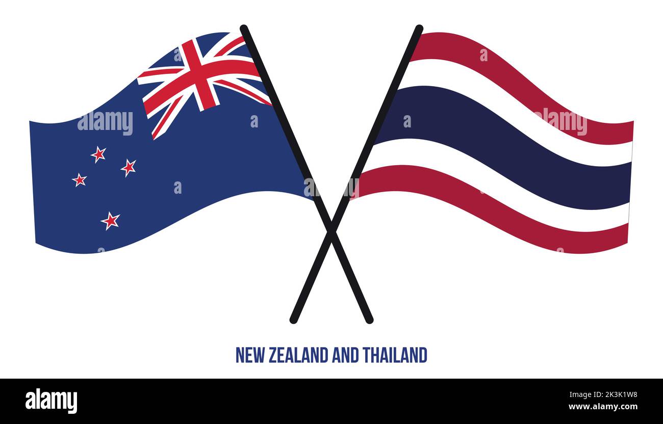 New Zealand and Thailand Flags Crossed And Waving Flat Style. Official ...